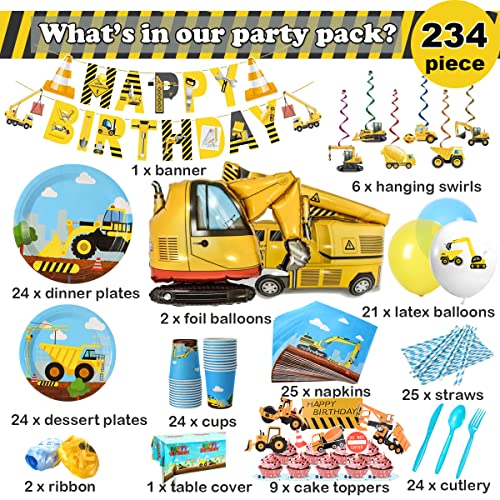 Construction Birthday Party Supplies Set For Boys - 24 Guests – Dump Truck And Tractor Party Decorations, Paper Plates Cups Napkins Straws Balloons Cutlery Toppers Banners Tablecloth