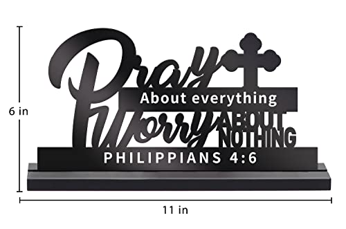 Pray About Everything Worry About Nothing Sign, Religious Scripture Inspirational Word Plaque, Bible Verses Plaque Decor, Wooden Table Centerpieces Christmas Decorations for Home Living Room Office