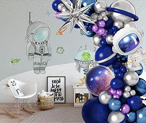 Amandir139pcs Space Balloon Garland Arch Kit - Outer Space Birthday Decorations with Blue Purple Silver Galaxy Astronaut Foil Balloons for Boys Kids Space Themed Birthday Party Decoration Supplies