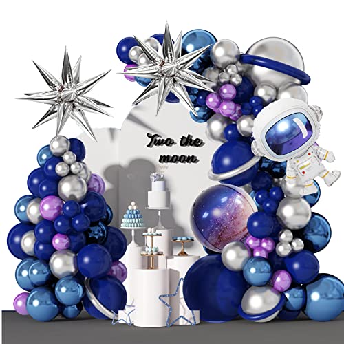 Amandir139pcs Space Balloon Garland Arch Kit - Outer Space Birthday Decorations with Blue Purple Silver Galaxy Astronaut Foil Balloons for Boys Kids Space Themed Birthday Party Decoration Supplies