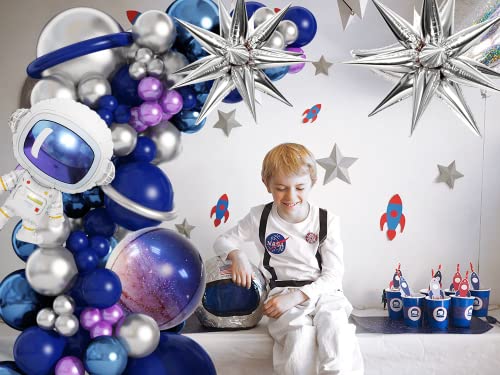 Amandir139pcs Space Balloon Garland Arch Kit - Outer Space Birthday Decorations with Blue Purple Silver Galaxy Astronaut Foil Balloons for Boys Kids Space Themed Birthday Party Decoration Supplies