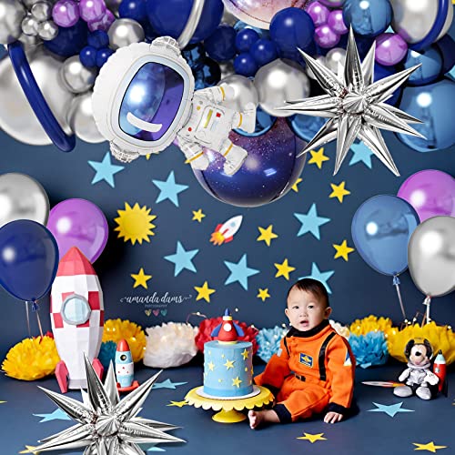 Amandir139pcs Space Balloon Garland Arch Kit - Outer Space Birthday Decorations with Blue Purple Silver Galaxy Astronaut Foil Balloons for Boys Kids Space Themed Birthday Party Decoration Supplies