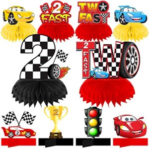 race car 2 fast birthday decorations table honeycomb centerpieces, 10pcs car theme 2nd birthday table toppers sign party supplies for boys, 2 year old let’s go racing birthday party table decor