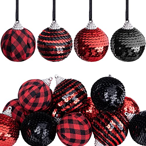 12pcs Black and Red Sequin Balls ,1.96" Christmas Buffalo Plaid Hanging Balls,Shatterproof Xmas Checkered Tree Ornaments for Party Home Decor