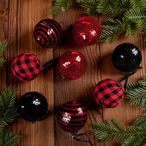 12pcs Black and Red Sequin Balls ,1.96" Christmas Buffalo Plaid Hanging Balls,Shatterproof Xmas Checkered Tree Ornaments for Party Home Decor