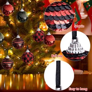 12pcs Black and Red Sequin Balls ,1.96" Christmas Buffalo Plaid Hanging Balls,Shatterproof Xmas Checkered Tree Ornaments for Party Home Decor