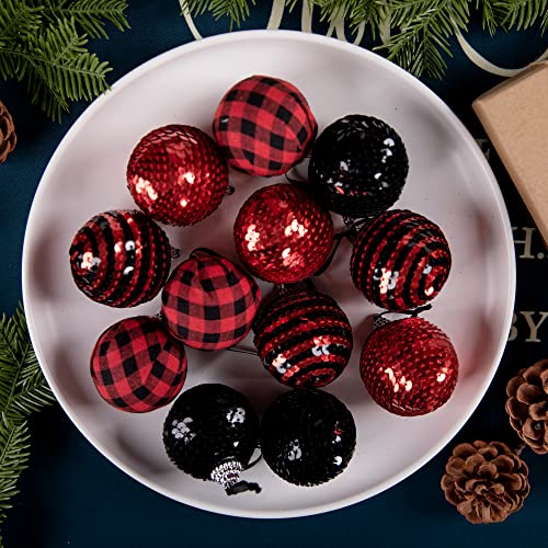 12pcs Black and Red Sequin Balls ,1.96" Christmas Buffalo Plaid Hanging Balls,Shatterproof Xmas Checkered Tree Ornaments for Party Home Decor