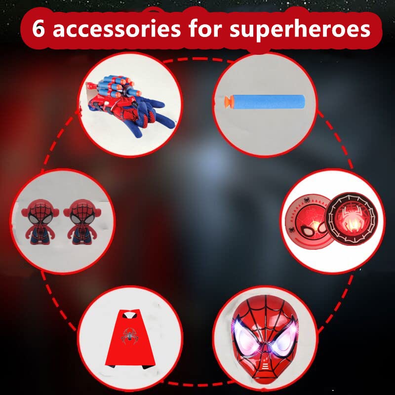 Super Hero Toys and LED Masks, Children's Superhero Clothing, Web-Shooters and Superhero Spider Badge, Suitable for Birthday Gifts, Role -Playing, Christmas