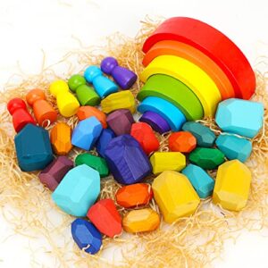 TOY Life 38 PCs Wooden Rainbow Stacking Toys, Montessori Toys for 3 4 Years Old, Stacking Toddler Blocks, Stacking Stones, Rainbow Stacker, Stacking Rocks, Wooden Blocks for Toddlers Kids, Peg Dolls