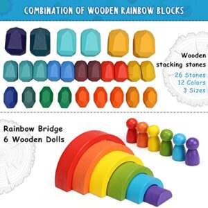 TOY Life 38 PCs Wooden Rainbow Stacking Toys, Montessori Toys for 3 4 Years Old, Stacking Toddler Blocks, Stacking Stones, Rainbow Stacker, Stacking Rocks, Wooden Blocks for Toddlers Kids, Peg Dolls