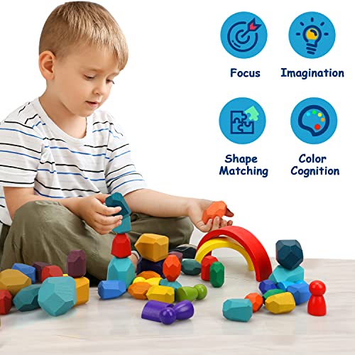 TOY Life 38 PCs Wooden Rainbow Stacking Toys, Montessori Toys for 3 4 Years Old, Stacking Toddler Blocks, Stacking Stones, Rainbow Stacker, Stacking Rocks, Wooden Blocks for Toddlers Kids, Peg Dolls