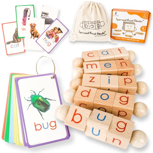 LITTLE BUD KIDS Spin-and-Read Montessori Phonetic Reading Blocks and CVC Phonics Wooden Toy Set for Beginner Readers