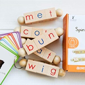 LITTLE BUD KIDS Spin-and-Read Montessori Phonetic Reading Blocks and CVC Phonics Wooden Toy Set for Beginner Readers