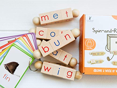 LITTLE BUD KIDS Spin-and-Read Montessori Phonetic Reading Blocks and CVC Phonics Wooden Toy Set for Beginner Readers