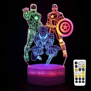 spider superhero 3d night lights for kids,3d illusion led lamp with timing remote control dynamic colors changing smart touch superhero home decor desk lamp,birthday christmas gifts for boys girls men