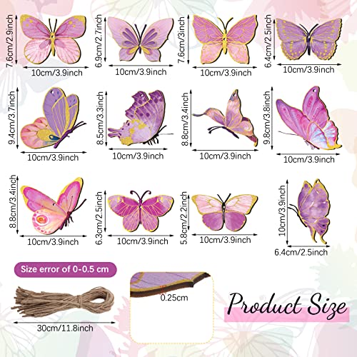 Sintuff 36 Pcs Butterfly Party Decor Butterfly Wood Hanging Ornaments Pink Purple Butterfly Hanging Ornaments Spring Summer Butterfly Hanging Decorations for Butterfly Baby Shower Decorations