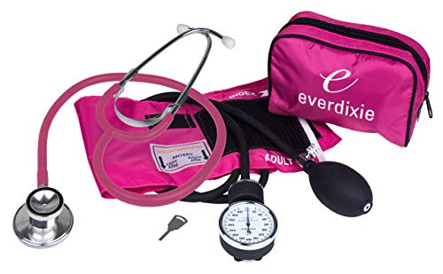 Dixie EMS Aneroid Sphygmomanometer and Dual Head Stethoscope Set with Adult Size Blood Pressure Cuff, Calibration Key and Carrying Case – Pink