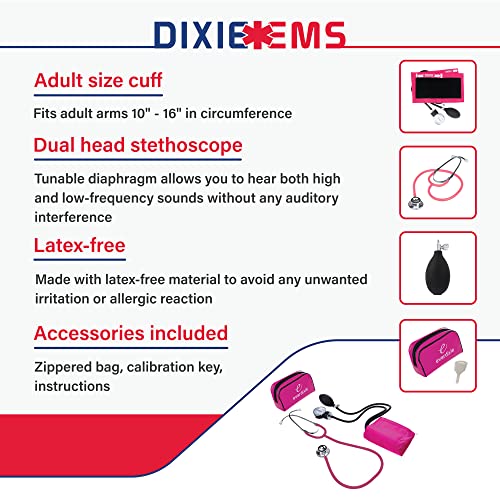 Dixie EMS Aneroid Sphygmomanometer and Dual Head Stethoscope Set with Adult Size Blood Pressure Cuff, Calibration Key and Carrying Case – Pink