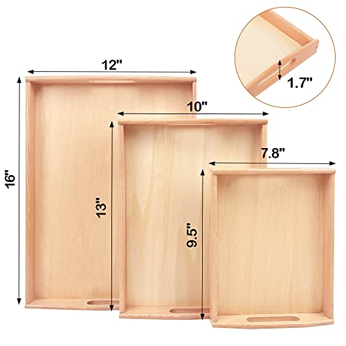 Montessori Wooden Trays with Handles, 3 Pack Small Medium Big Quality Wood Tray for Toddlers and Kids Montessori Activities, Trays to Store Toys and Educational Aids at Home Kindergarten (Beech)