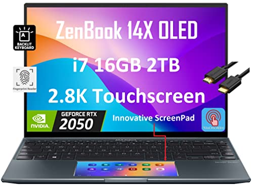 ASUS ZenBook 14X OLED UX5400 14" QHD+ Touchscreen (Intel 12-Core i7-1260P, 16GB RAM, 2TB SSD, RTX 2050) Business Laptop, Innovative ScreenPad, Backlit, FP, Thunderbolt 4, IST HDMI, Win 11 Pro - 2023