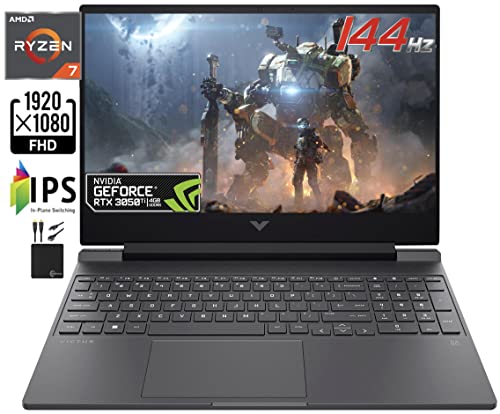 2022 Newest HP Victus 15.6" FHD IPS 144Hz Gaming Laptop, 8-Core AMD Ryzen 7 5800H (Upto 4.4GHz), NVIDIA GeForce RTX 3050 Ti, 16GB RAM, 512GB PCIe SSD, Backlit KB,HD Webcam, Wifi 6, Win 11+MarxsolCable