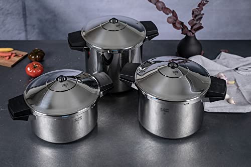 Kuhn Rikon DUROMATIC® Pressure Cooker 8.75” 6.3 qt family of 4 with side handles to save space