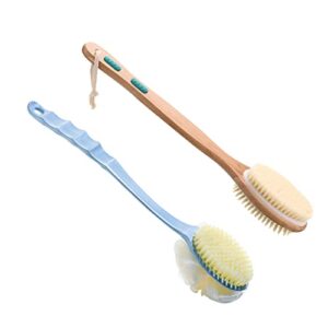 2pack back shower bath brushes for wet or dry double side specially long wooden handle , exfoliating skin for men and women