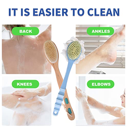 2Pack Back Shower Bath Brushes for Wet or Dry Double Side Specially Long Wooden Handle , Exfoliating Skin for Men and Women