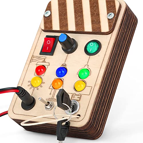 DINORUN Busy Board Montessori Toys for 1 2 3 Year Old Toddler Toys, Wooden Travel Toys with Light Up LED Buttons, Sound Sensory Toys for Toddlers 1-3, Educational Learning Fidget Toys Toddler Gifts