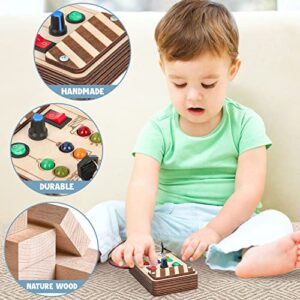 DINORUN Busy Board Montessori Toys for 1 2 3 Year Old Toddler Toys, Wooden Travel Toys with Light Up LED Buttons, Sound Sensory Toys for Toddlers 1-3, Educational Learning Fidget Toys Toddler Gifts