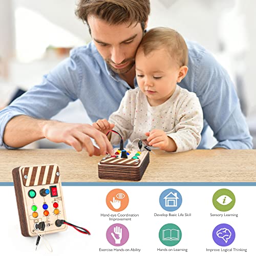 DINORUN Busy Board Montessori Toys for 1 2 3 Year Old Toddler Toys, Wooden Travel Toys with Light Up LED Buttons, Sound Sensory Toys for Toddlers 1-3, Educational Learning Fidget Toys Toddler Gifts