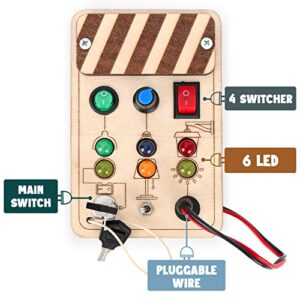 DINORUN Busy Board Montessori Toys for 1 2 3 Year Old Toddler Toys, Wooden Travel Toys with Light Up LED Buttons, Sound Sensory Toys for Toddlers 1-3, Educational Learning Fidget Toys Toddler Gifts