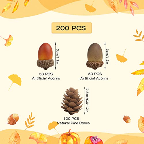 200 Pieces Natural Pine Cones and Artificial Acorns Decorations, Christmas Mini Pinecones Fake Acorns with Natural Acorn Cap for DIY Craft Vase Filler Home Christmas Festival Party Fall Winter Decor