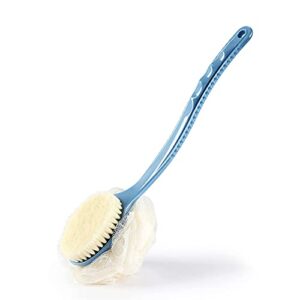 shower body brush with bristles and loofah,back scrubber bath mesh sponge with curved long handle for skin exfoliating bath, massage bristles suitable for wet or dry, men and women (blue)