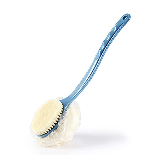 Shower Body Brush with Bristles and Loofah,Back Scrubber Bath Mesh Sponge with Curved Long Handle for Skin Exfoliating Bath, Massage Bristles Suitable for Wet or Dry, Men and Women (Blue)