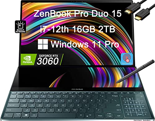 ASUS ZenBook Pro Duo 15 UX582 15.6" FHD OLED Touchscreen (Intel 14-Core i7-12700H, 16GB DDR5 RAM, 2TB SSD, GeForce RTX 3060 6GB) Business Laptop, ScreenPad Plus, Backlit, IST HDMI, Stylus, Win 11 Pro