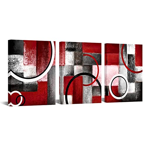 Visual Art Decor Red and Grey Abstract Geometric Circle Canvas Wall Art Rustic Burgundy Red Prints Artwork for Living Room Bedroom Christmas Wall Decoration (Red)