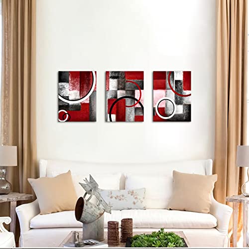 Visual Art Decor Red and Grey Abstract Geometric Circle Canvas Wall Art Rustic Burgundy Red Prints Artwork for Living Room Bedroom Christmas Wall Decoration (Red)