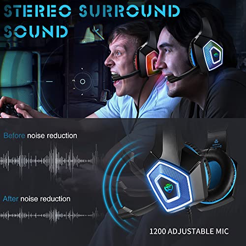 ARKARTECH Gaming Headset with Mic for Xbox One PS4 PS5 PC Switch Tablet, with Stereo Surround Sound & LED Light Noise Cancelling Over Ear Headphones