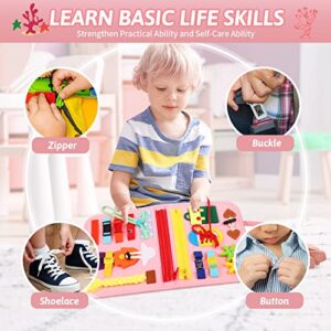 8 in 1 Toddler Busy Board for 1 Years Old, 89Pcs Montessori Sensory Board for 2 3 4 Toddler Educational Activity for Basic Dress Motor Skills, Baby Learning Toys for Travel, Gift for Boys Girls(Pink)