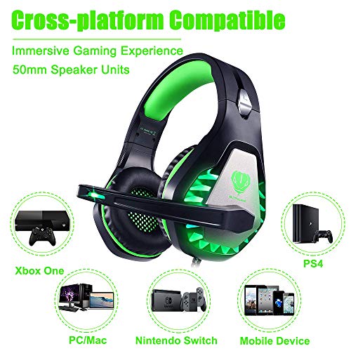 DIWUER Stereo Gaming Headset for Nintendo Switch, PS4, Xbox One with Noise Cancelling Mic, Soft Earmuffs Surround Sound Over Ear Headphones with LED Light for PC (Green)