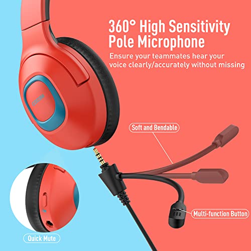 COOSII Q5 Gaming Headsets with Microphone for Nintendo Switch, Wired Stereo Noise Isolation Headphone with Shareport Mute Function, Foldable On Ear Compatible Cellphones School Tablet Laptop- Red Blue