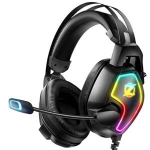 gaming headset for xbox one ps4 ps5 pc switch, noise canceling headphones with microphone, 3.5mm audio jack, auto-adjust headband, 50mm drivers, rgb light, lightweight wired gaming headphones-black