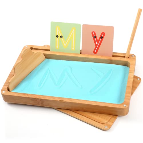 AtMini Sand Tray for Classroom Montessori Sand Tray with Lid Wooden Sand Trays for Kids Writing Letters and Numbers (Blue)