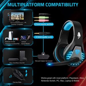 Pacrate Gaming Headset with Microphone for PC PS4 PS5 Headset Noise Cancelling Gaming Headphones for Laptop Mac Switch Xbox One Headset with LED Lights Deep Bass for Kids Adults Black Blue