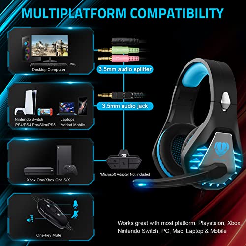 Pacrate Gaming Headset with Microphone for PC PS4 PS5 Headset Noise Cancelling Gaming Headphones for Laptop Mac Switch Xbox One Headset with LED Lights Deep Bass for Kids Adults Black Blue