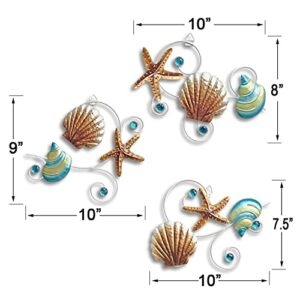 VividLadybug Beach Wall Decor Seashell starfish metal wall decor ocean theme Marine Coast decor suitable for home bathroom coast wall decor Set of 3