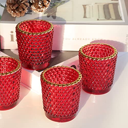 WOHO Red Votive Candle Holders for Table Centerpiece Set of 12, Tealight Candle Holder Bulk with Gold Rim, Glass Tea Lights Candle Holder for Christmas, Holiday and Dating Decor