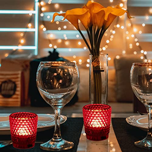 WOHO Red Votive Candle Holders for Table Centerpiece Set of 12, Tealight Candle Holder Bulk with Gold Rim, Glass Tea Lights Candle Holder for Christmas, Holiday and Dating Decor