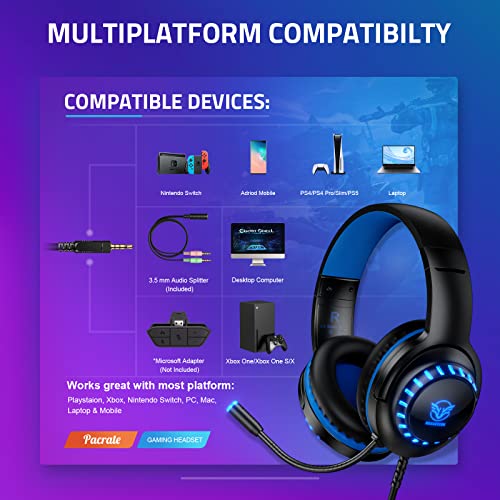 Pacrate Gaming Headset with Microphone for PC Mac PS4 Headset PS5 Headset Switch Xbox One Headset with Mic & LED Lights Noise Cancelling Headphones with Microphone for Kids Adults